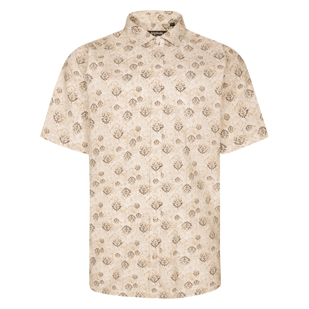 Bigdude Cut Away Collar Print Short Sleeve Shirt Ecru | BigDude
